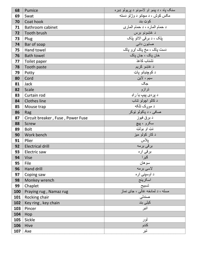English to Pashto useful words set & Picture Dictionary | PDF