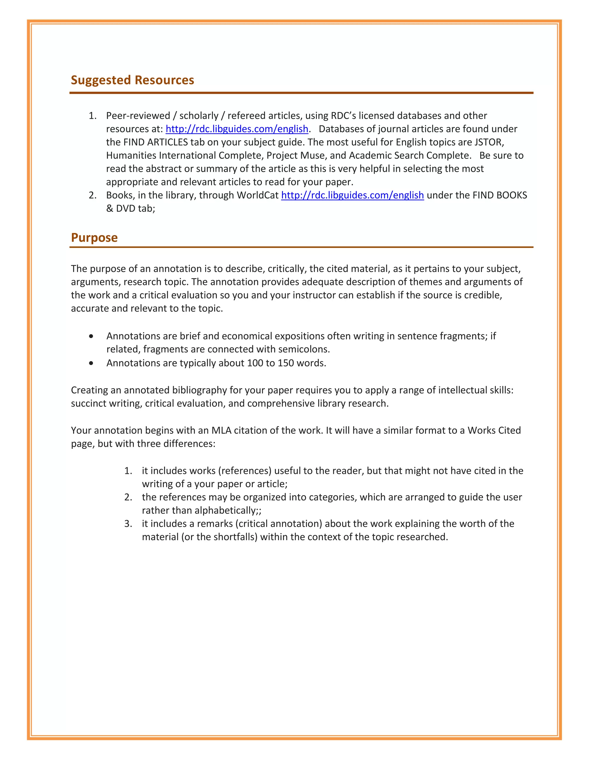 Annotated Bibliography: Handout in support of learning outcomes | PDF