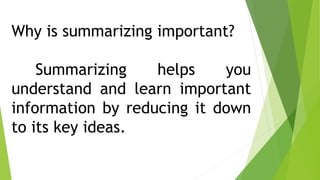 Restating Sentences and Summarizing Information from Various Text types | PPTX | Indoor ...