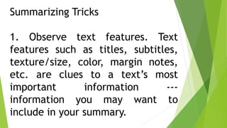 Restating Sentences and Summarizing Information from Various Text types | PPTX | Indoor ...