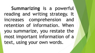 Restating Sentences and Summarizing Information from Various Text types | PPTX | Indoor ...