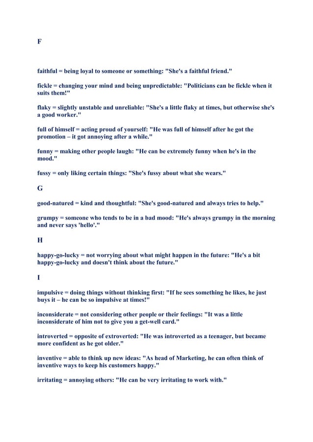 English words that describe behaviour | DOCX | Cats | Pets