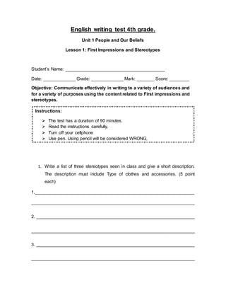 English writing test 4th grade | PDF