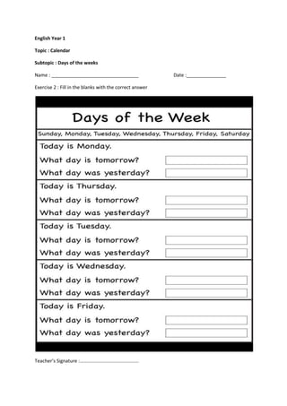 English year 1 exercises | DOCX