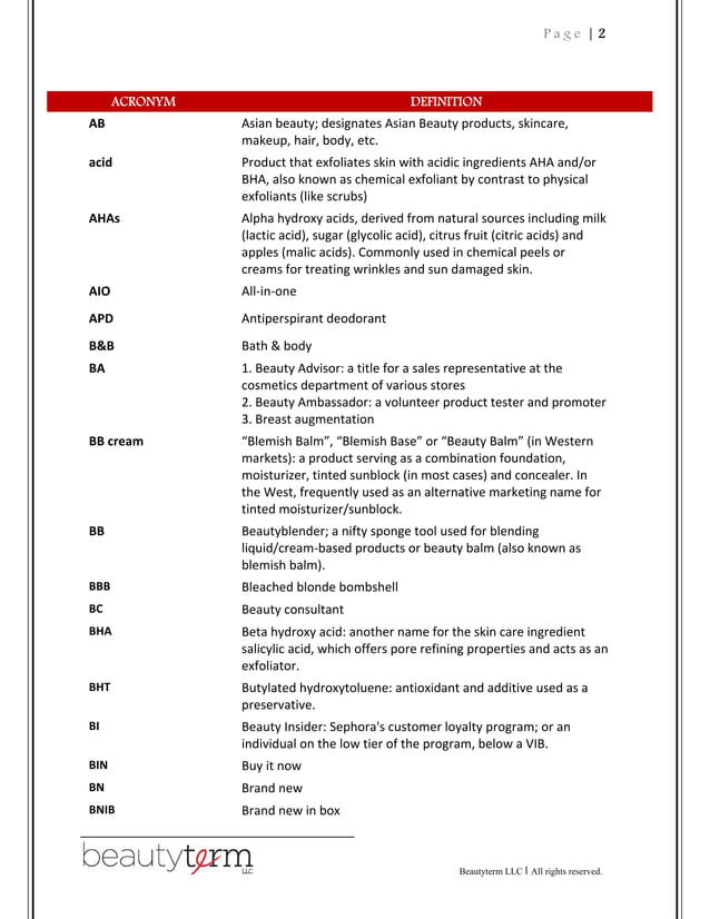 English Glossary of Beauty Acronyms | PDF | Skin and Dermatology ...