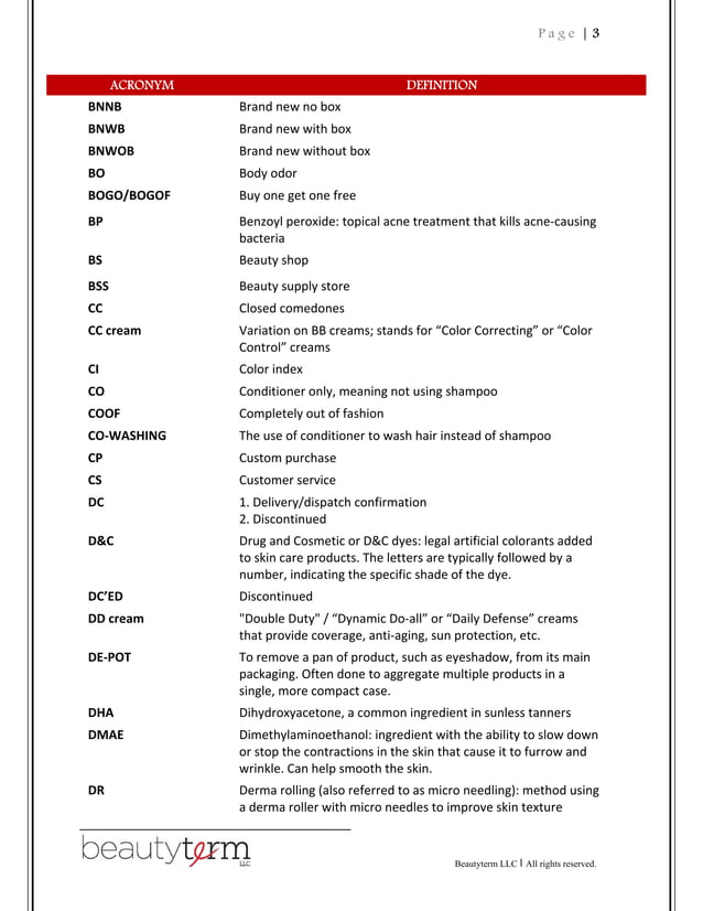 English Glossary of Beauty Acronyms | PDF | Skin and Dermatology ...