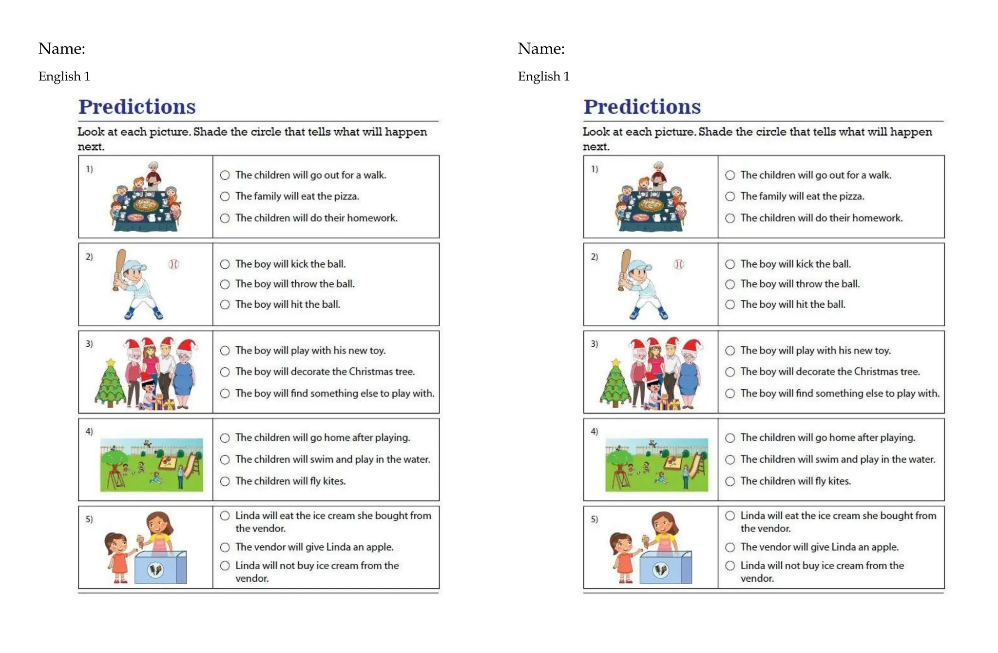 Worksheet for Grade 1 English Topic: Prediction | DOCX