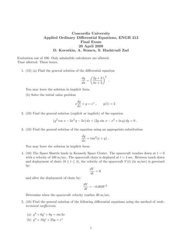 Engr 213 final 2009 | PDF