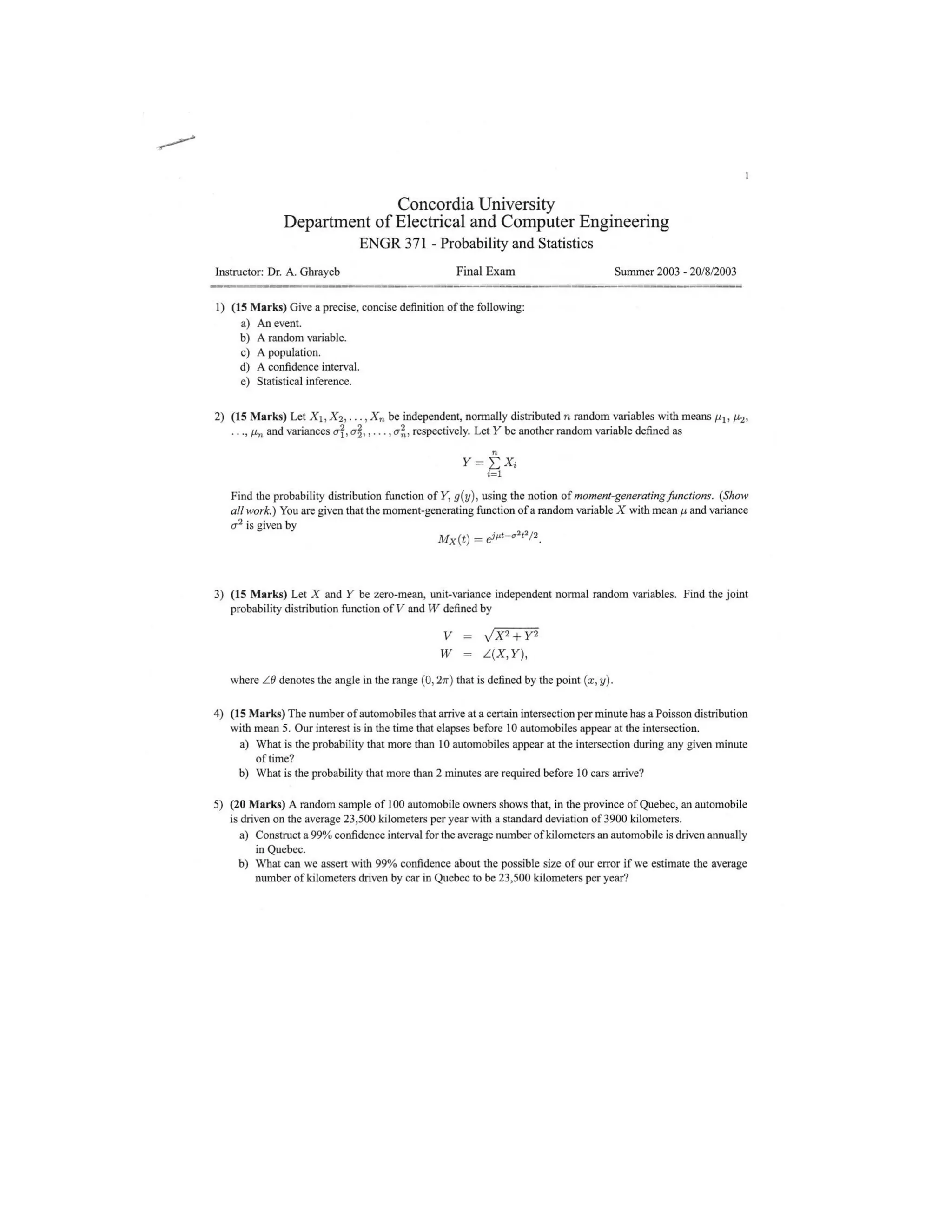 Engr 371 final exam august 2003 | PDF