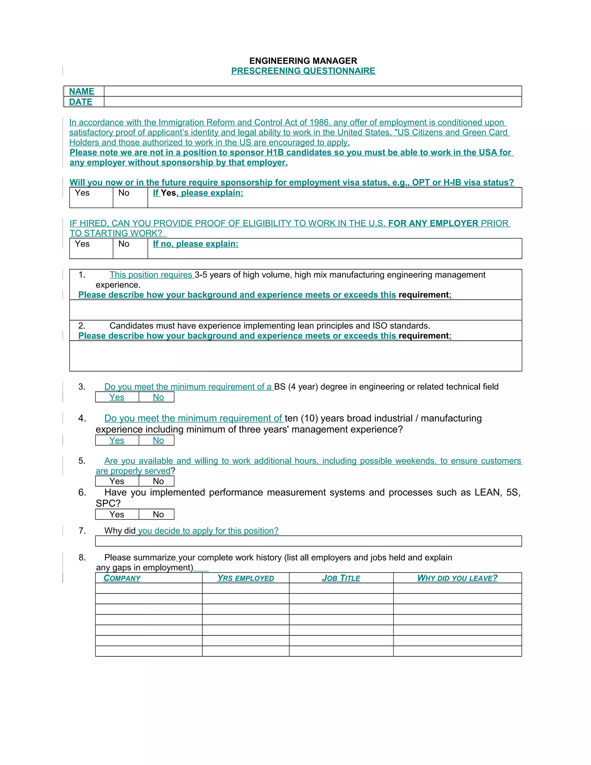 Engr mgr prescreening questionnaire | DOC
