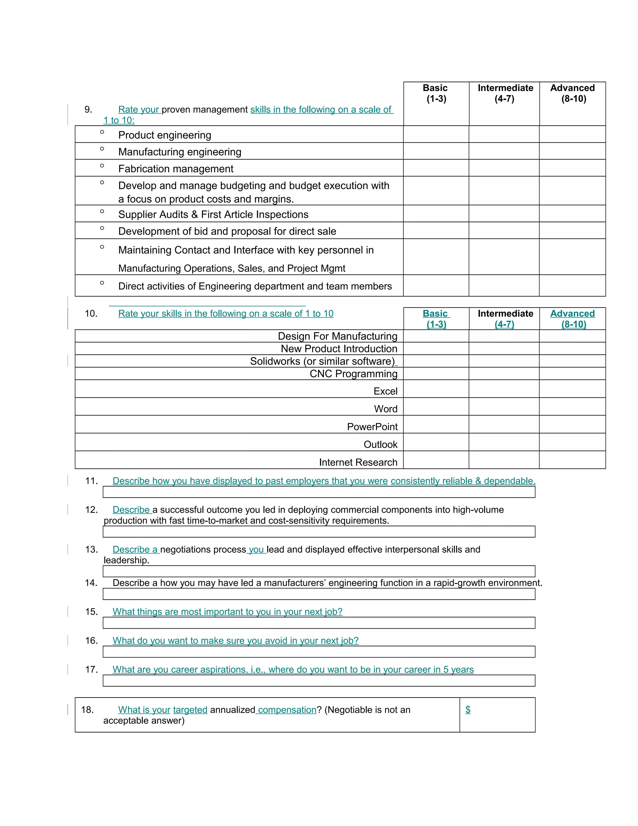 Engr mgr prescreening questionnaire | DOC | Resume Writing and Advice | Job Search