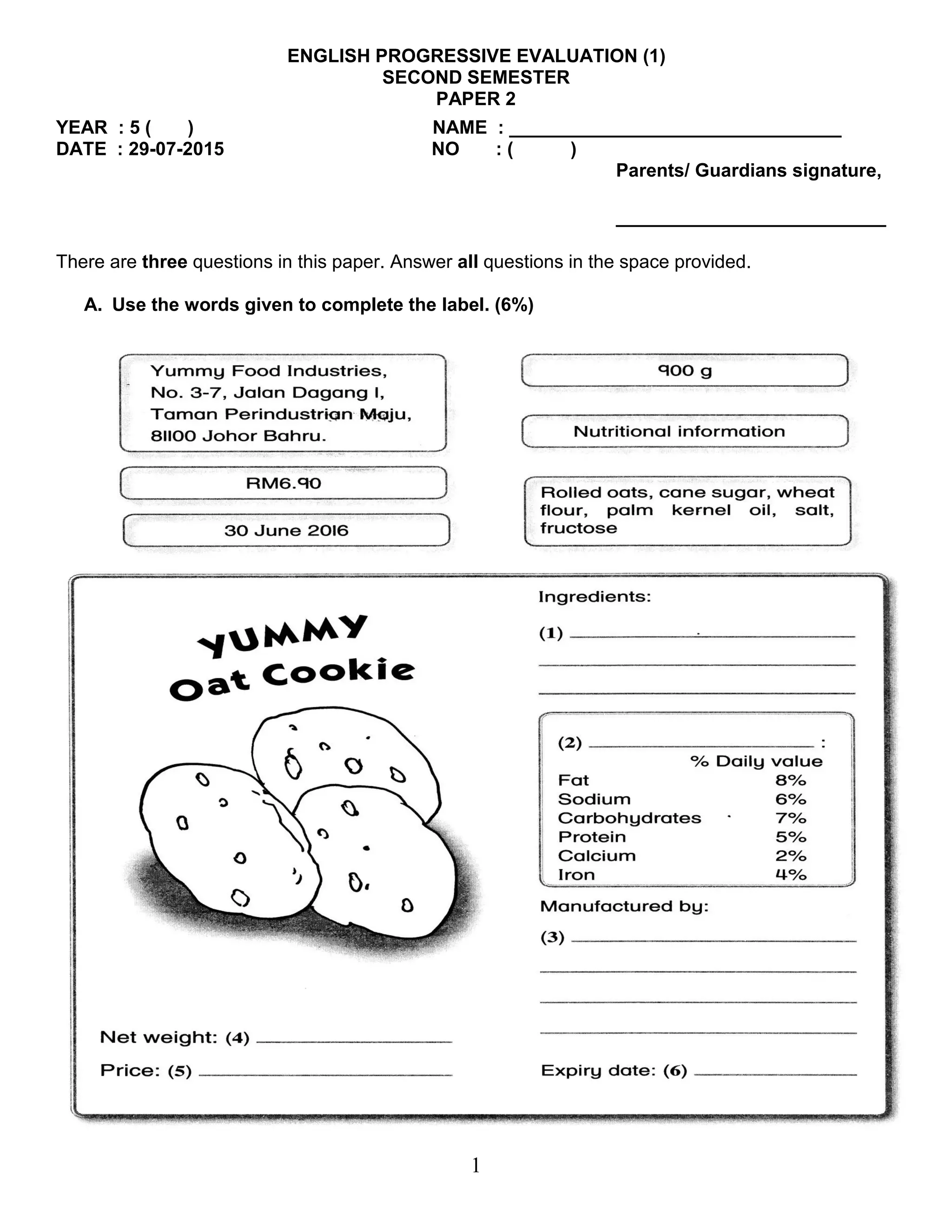 KSSR Engish Year 5 Test Paper 2 - 2nd term 2015 | PDF