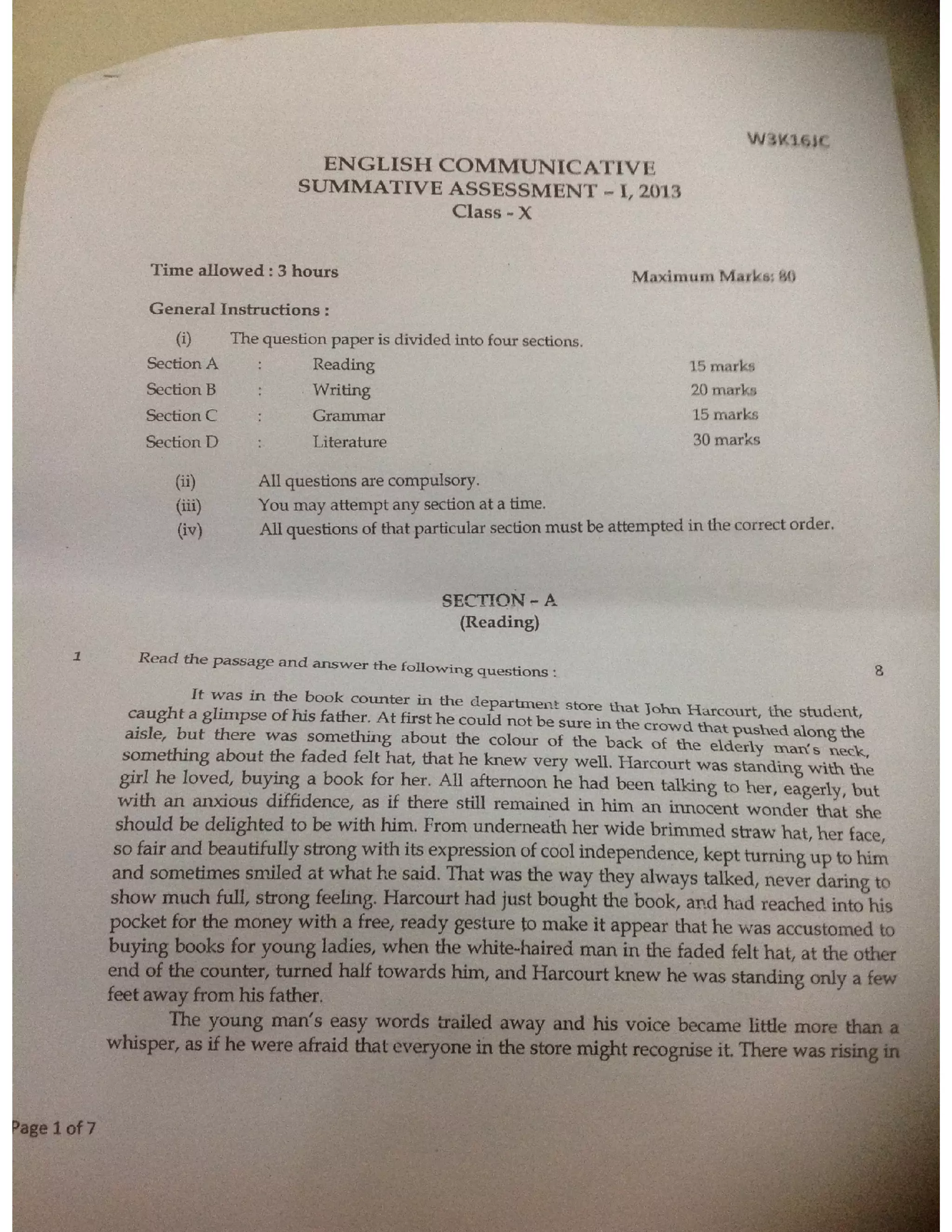 Class X SA-I English Question Paper | PDF