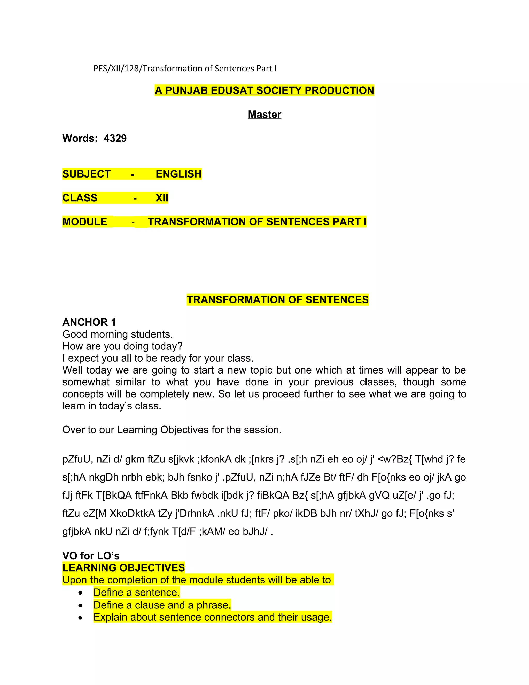 Eng xii transformation of sentences part i_128 master frozen | DOC