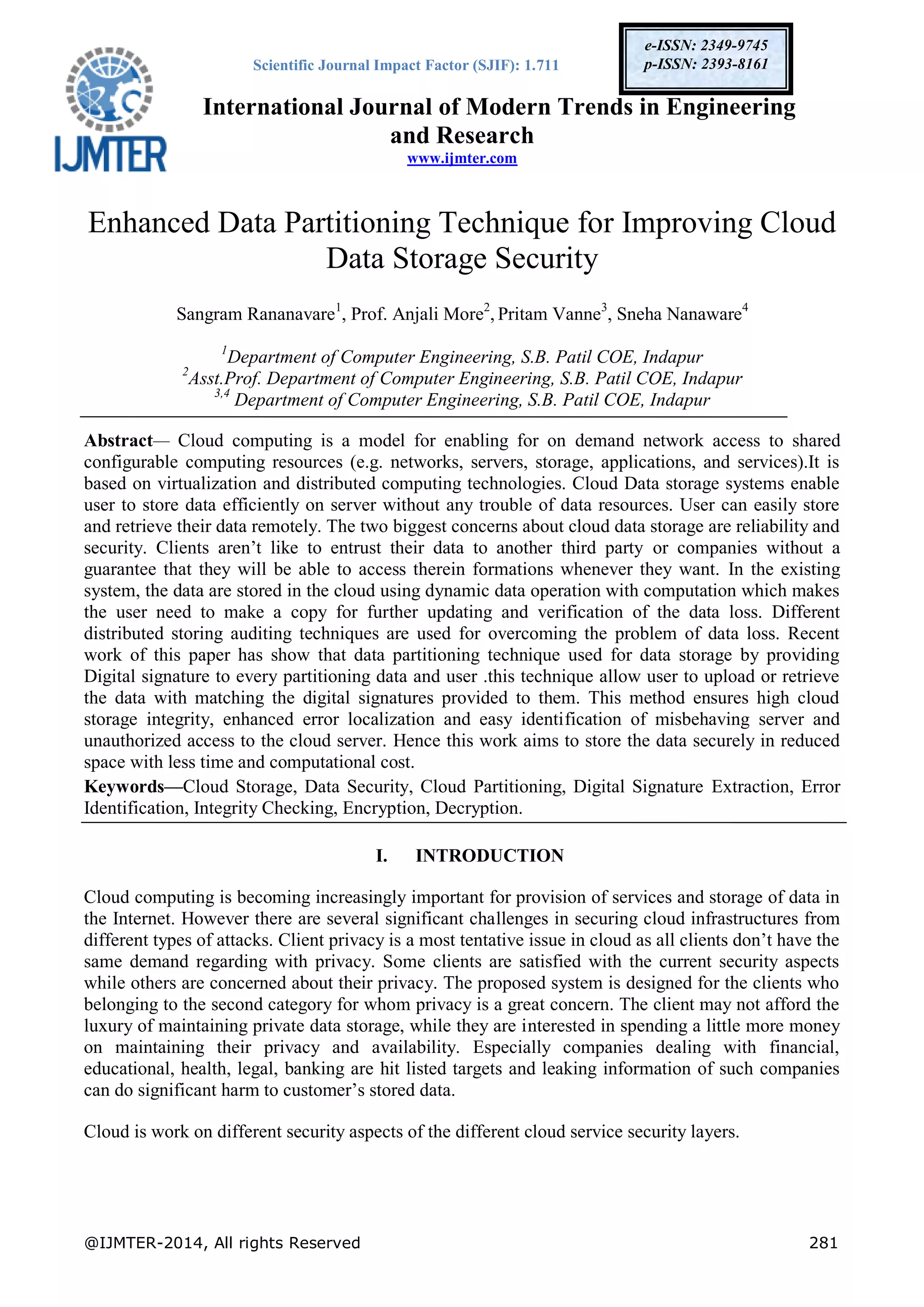 Enhanced Data Partitioning Technique For Improving Cloud Data Storage Security Pdf