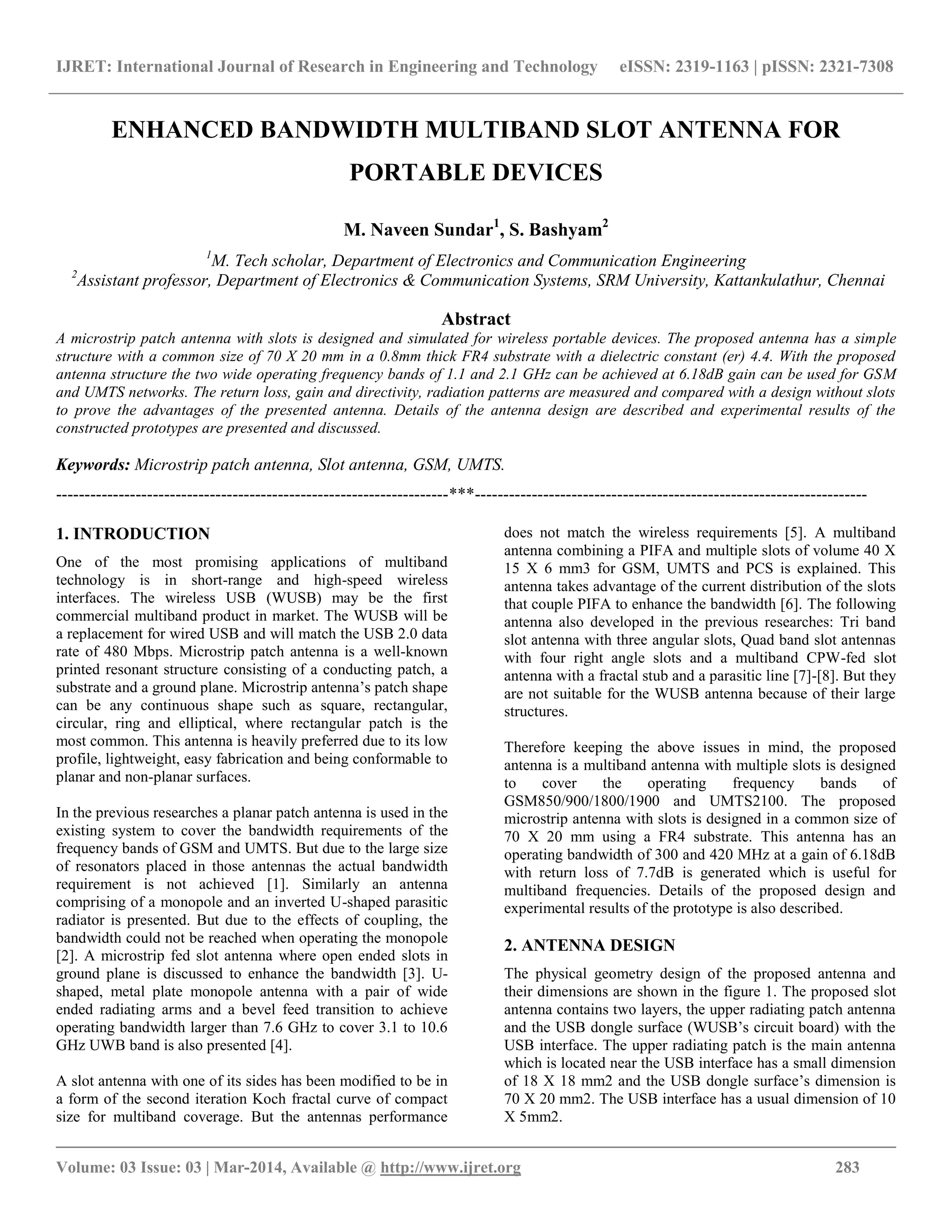 Enhanced bandwidth multiband slot antenna for portable devices | PDF