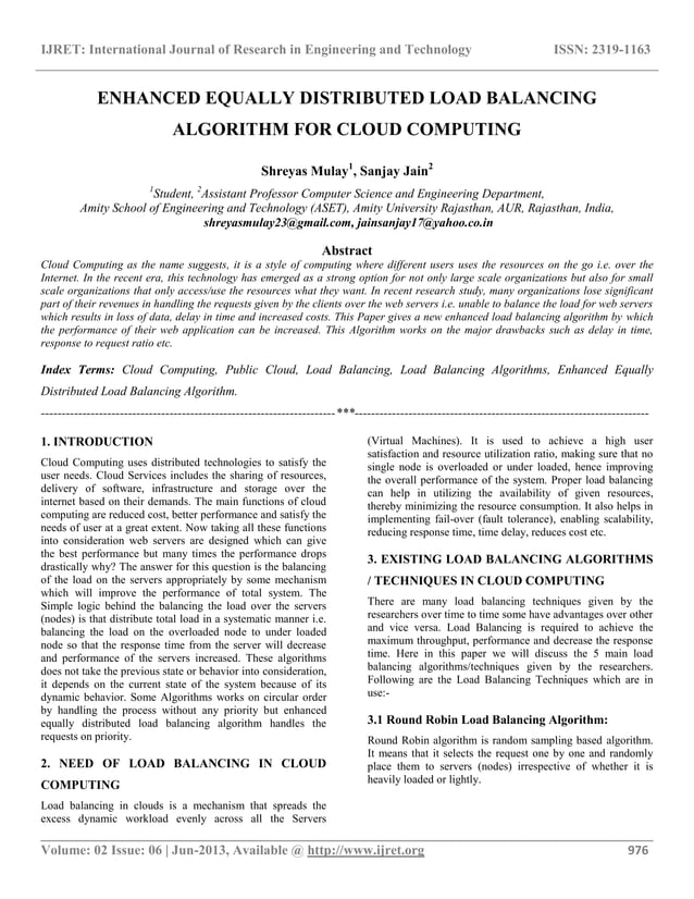Enhanced equally distributed load balancing algorithm for cloud computing | PDF | Cloud ...