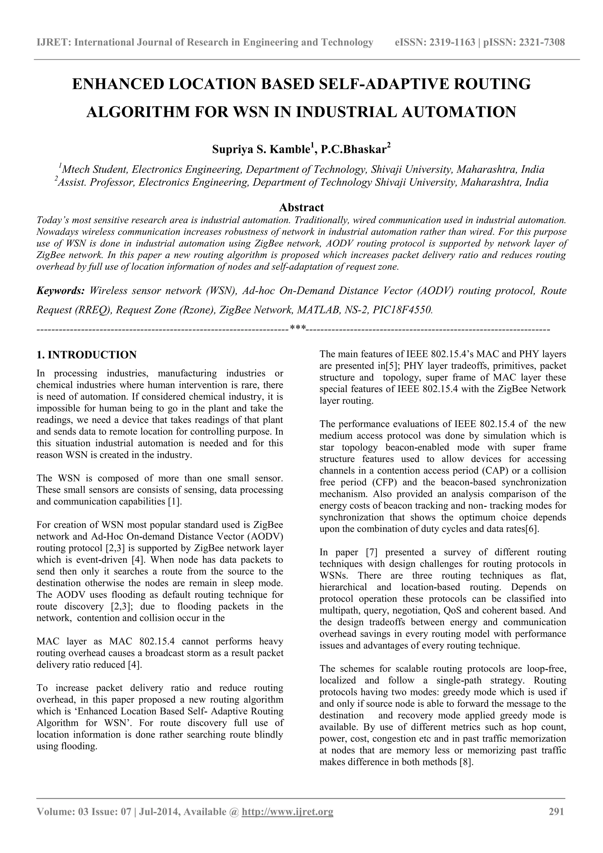 Enhanced location based self adaptive routing algorithm for wsn in industrial automation | PDF
