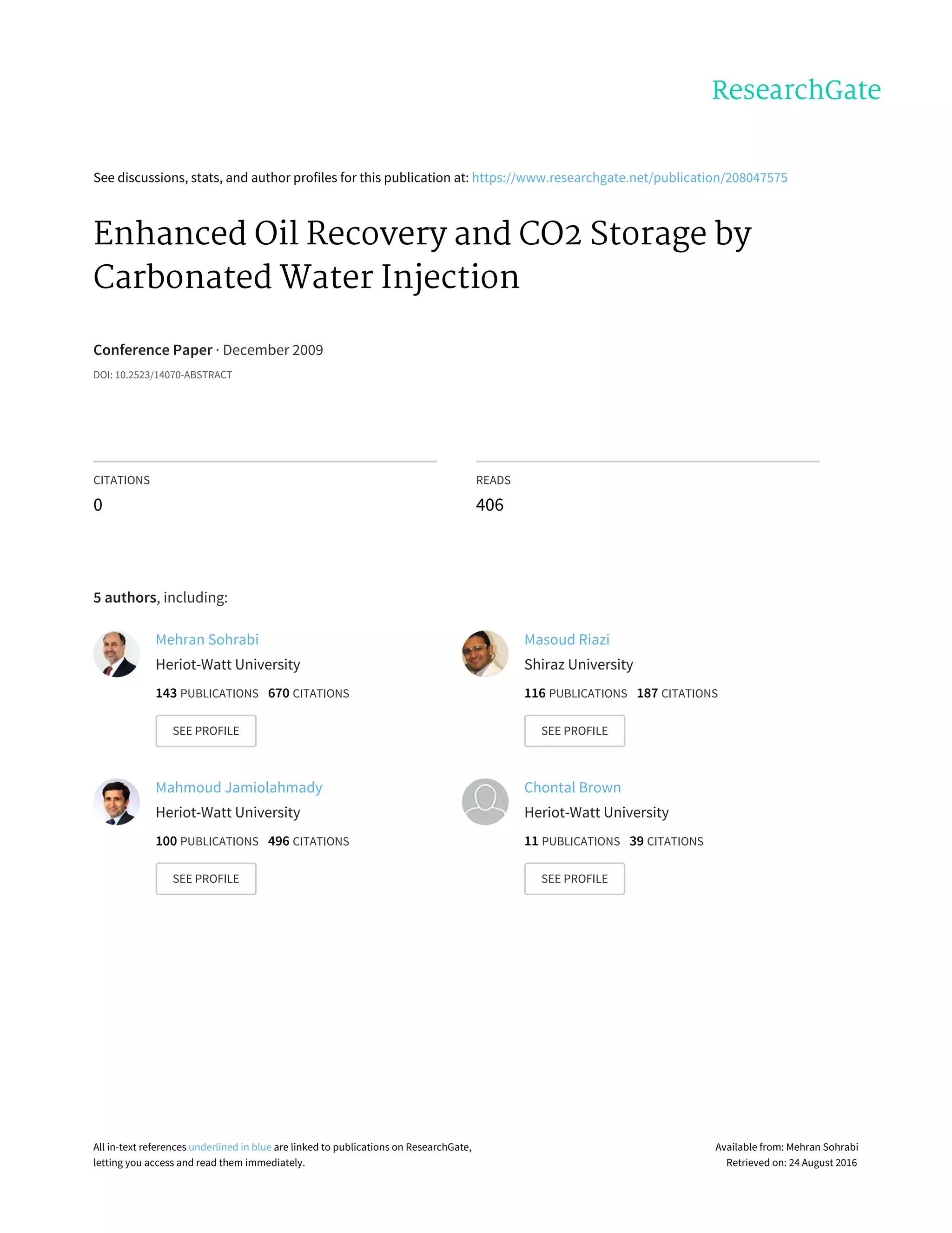 Enhanced oil recovery_and_co2_storage_by_carbonated water heriot watt | PDF