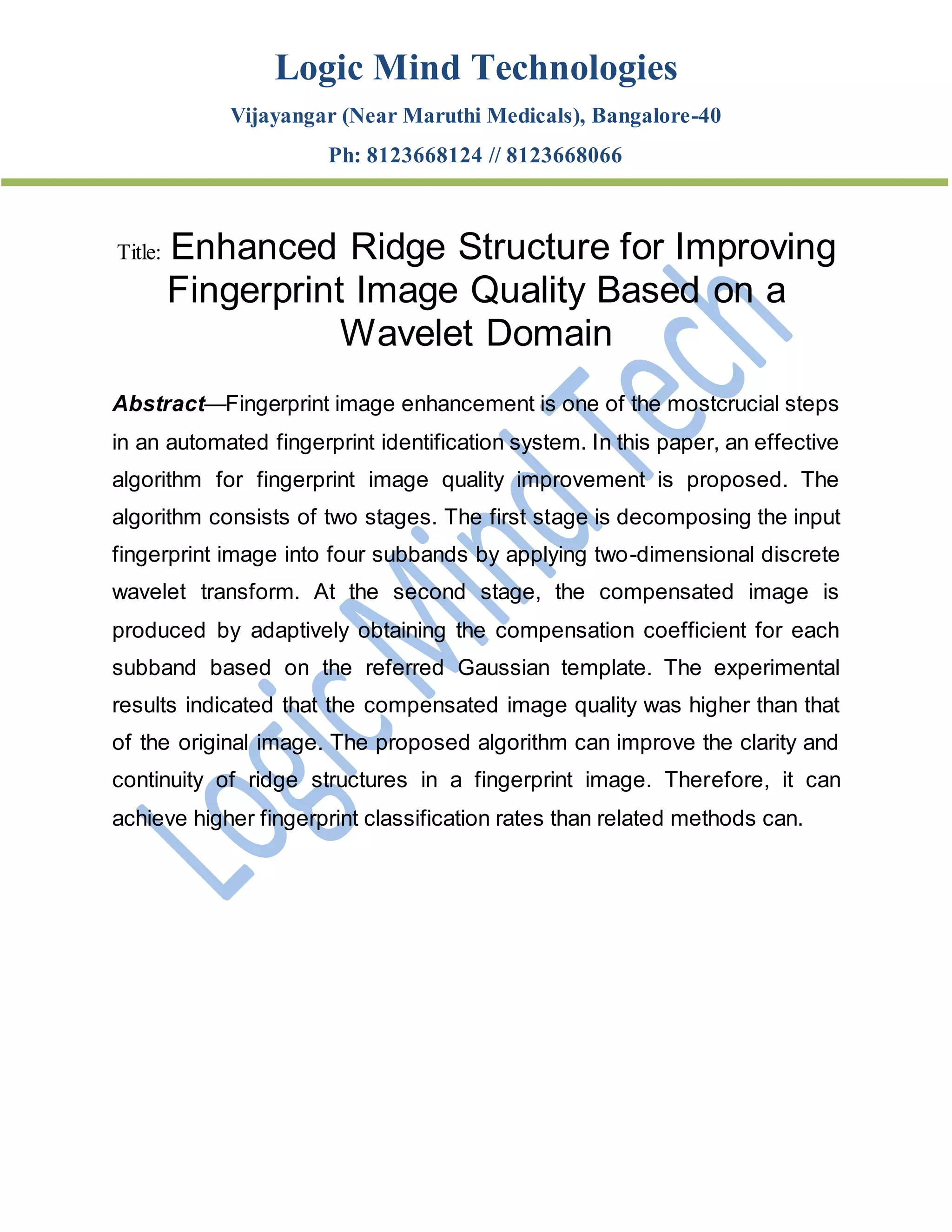 Enhanced ridge structure for improving fingerprint image quality based on a wavelet domain | PDF