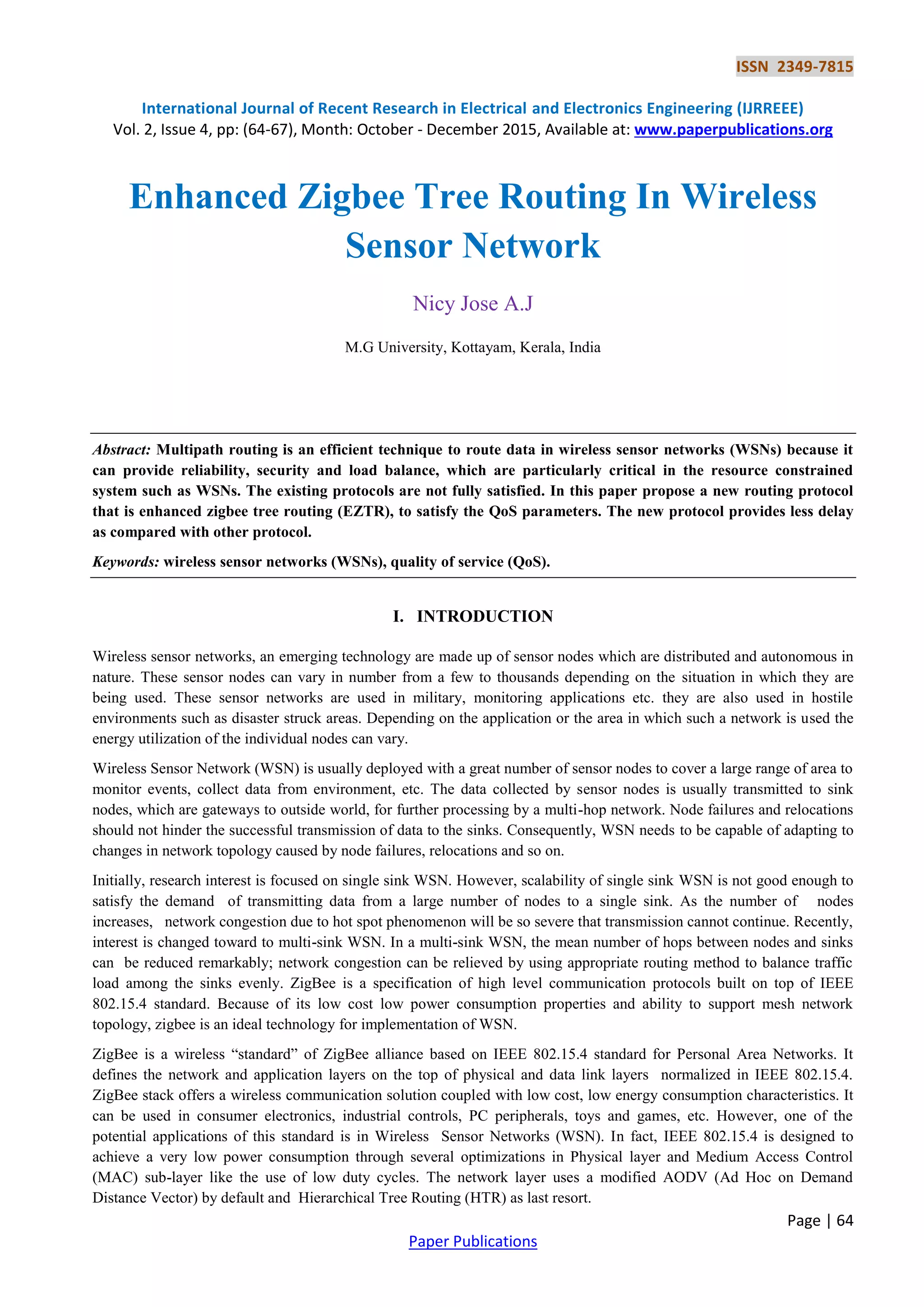 Enhanced Zigbee Tree Routing In Wireless Sensor Network | PDF | Internet of Things | Internet