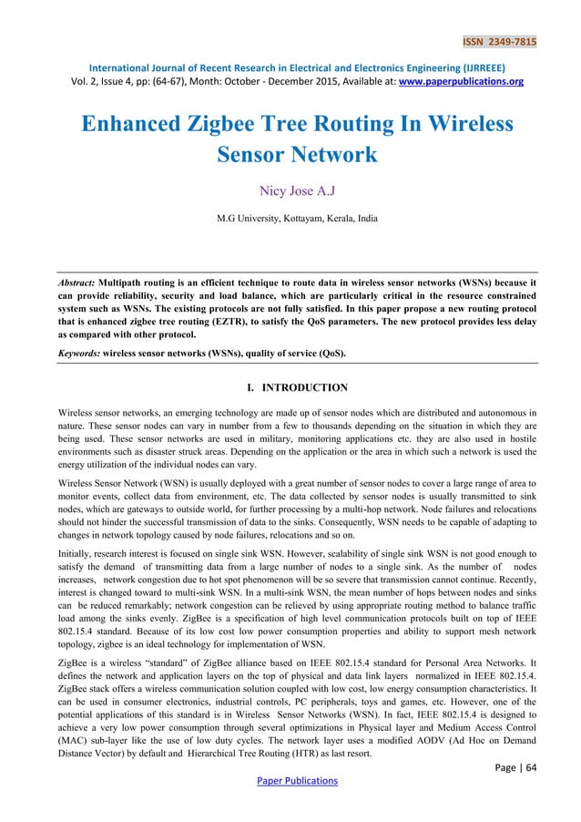 Enhanced Zigbee Tree Routing In Wireless Sensor Network | PDF