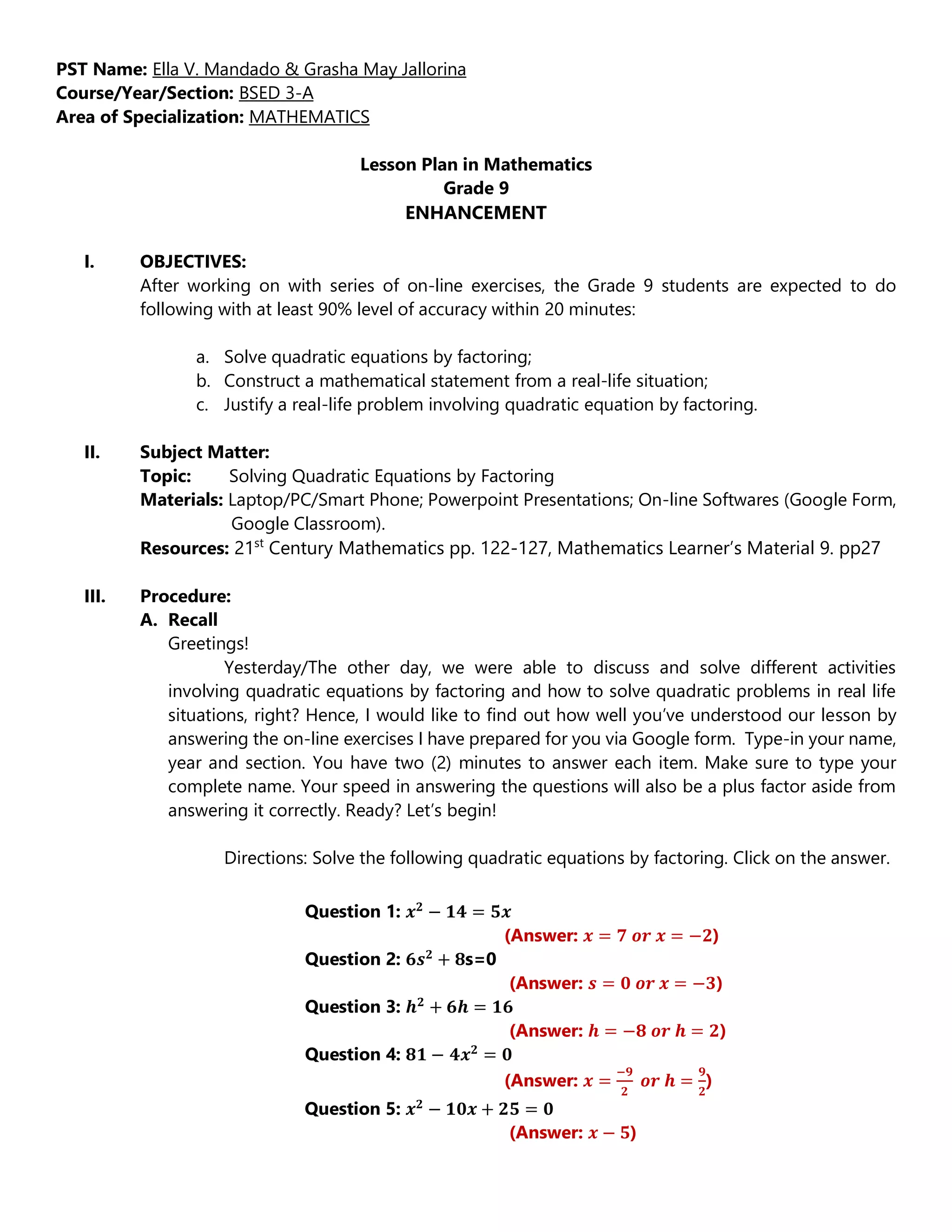 Enhancement lesson plan grade 9 | PDF