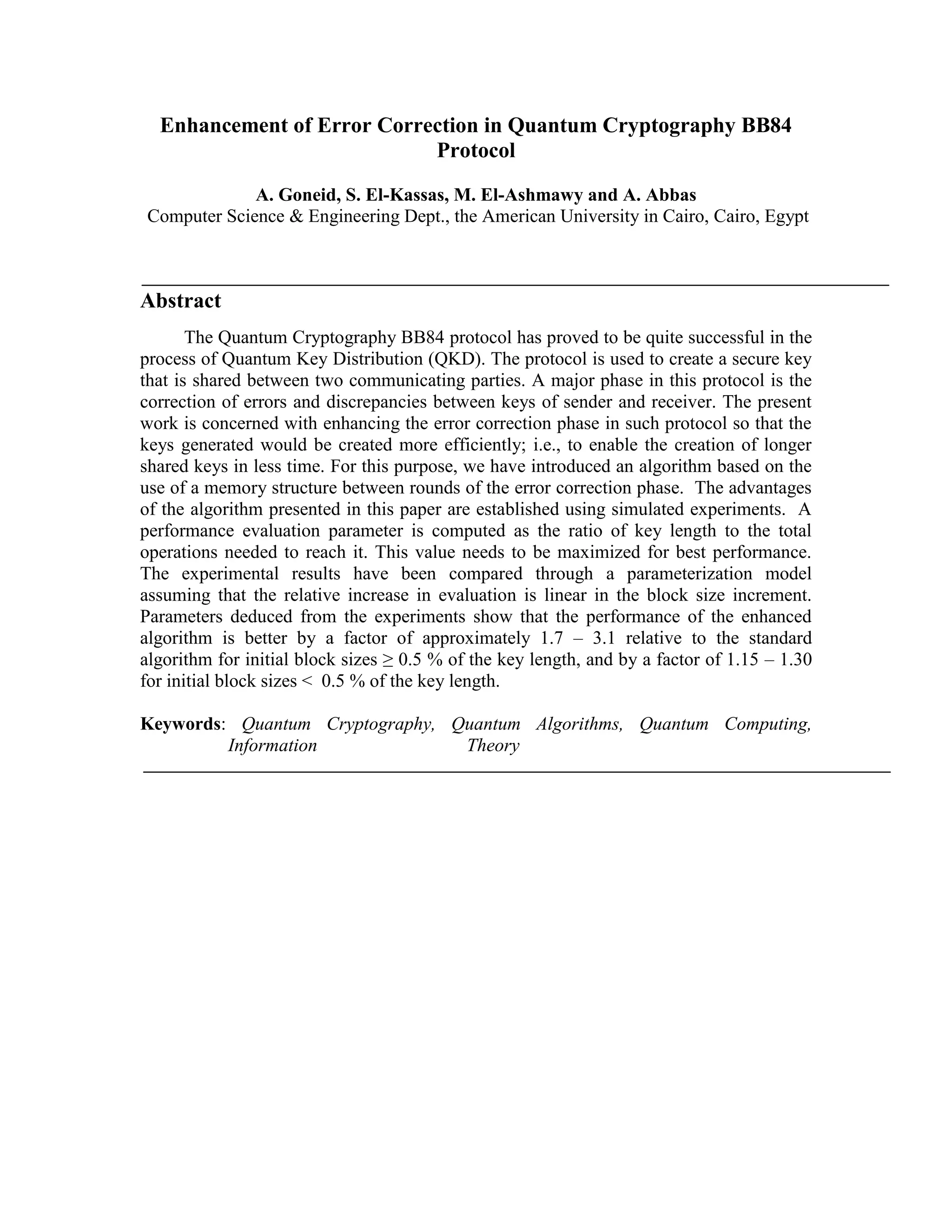 Enhancement Of Error Correction In Quantum Cryptography Bb84 Pdf