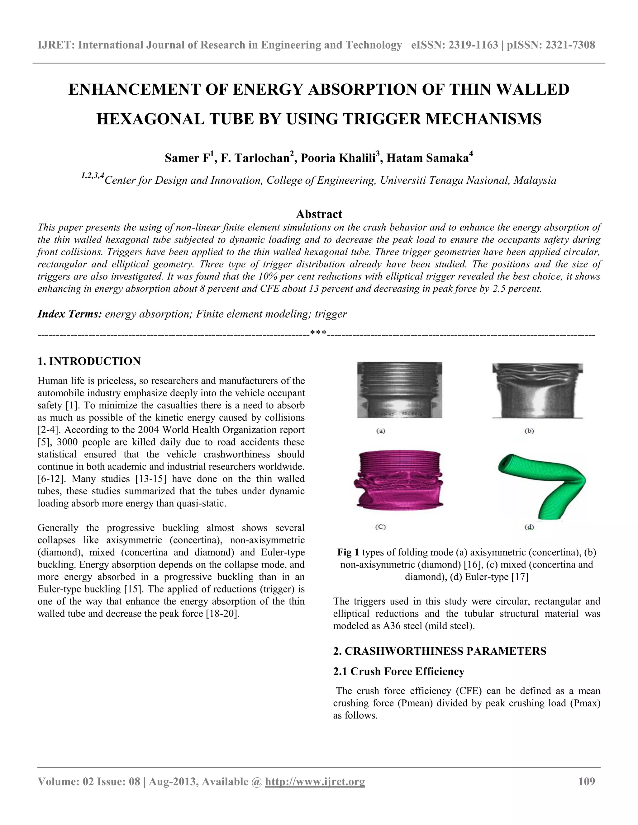 Enhancement of energy absorption of thin walled hexagonal tube by using trigger mechanisms | PDF