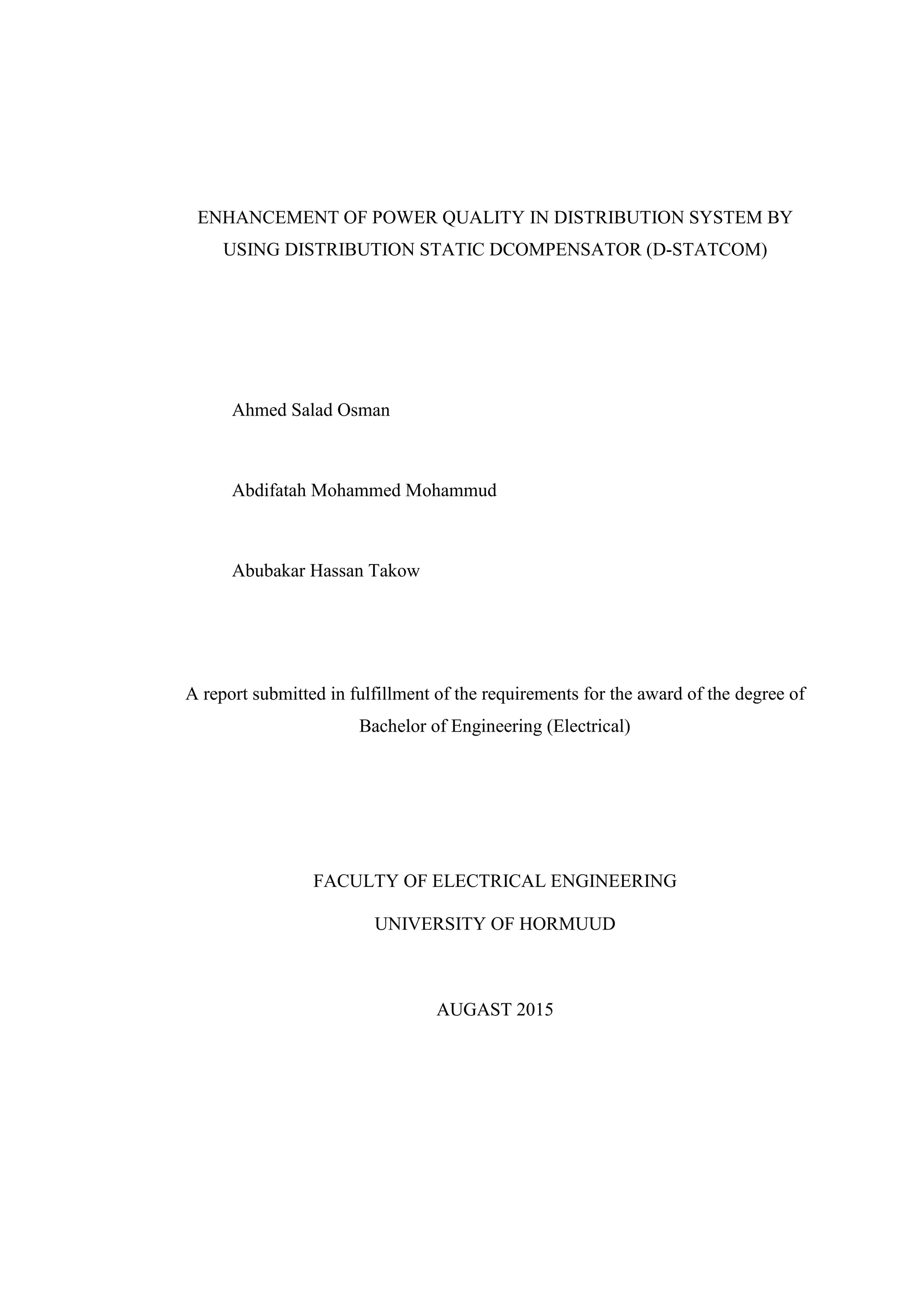 Enhancement of power quality in distribution system by using D-STATCOM | PDF