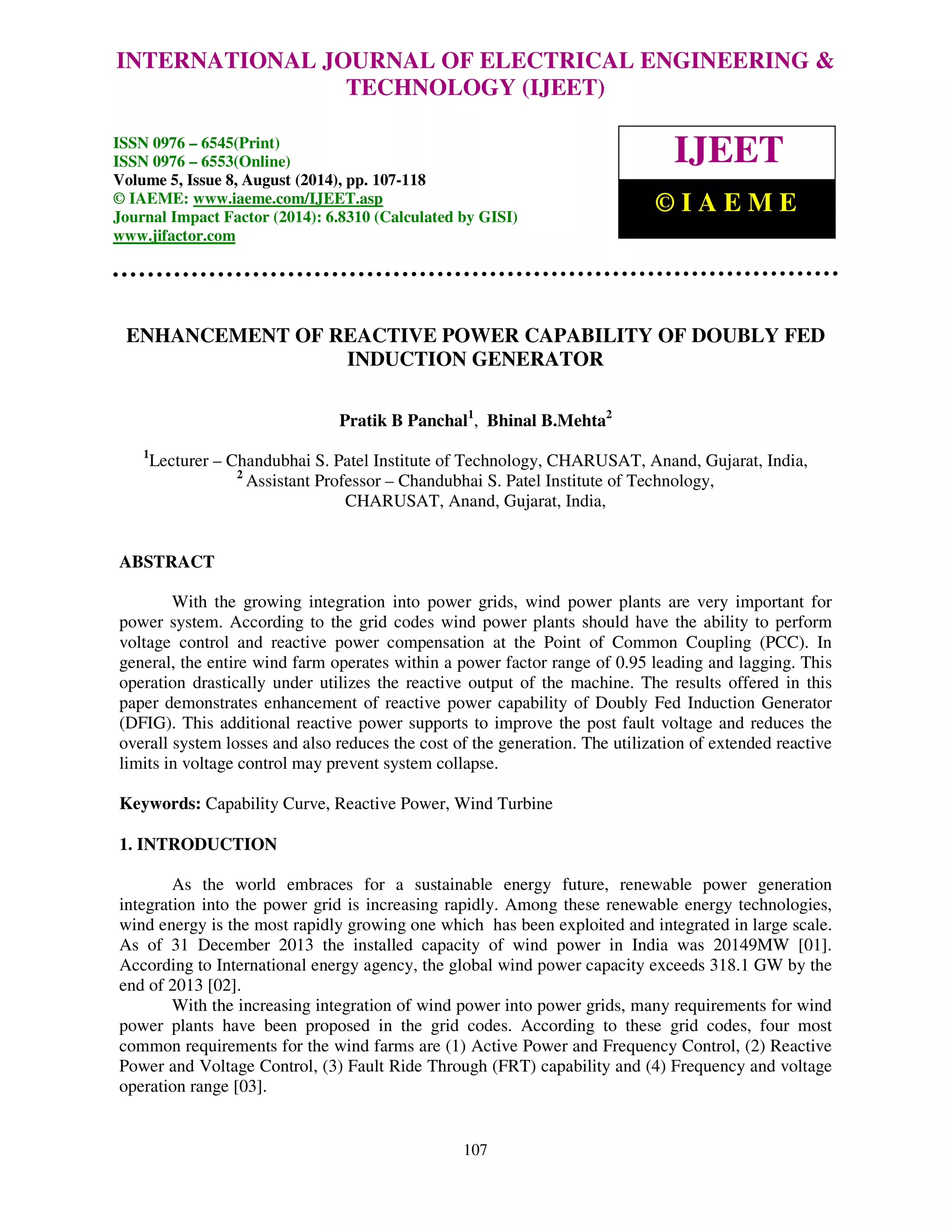 Enhancement Of Reactive Power Capability Of Doubly Fed Induction