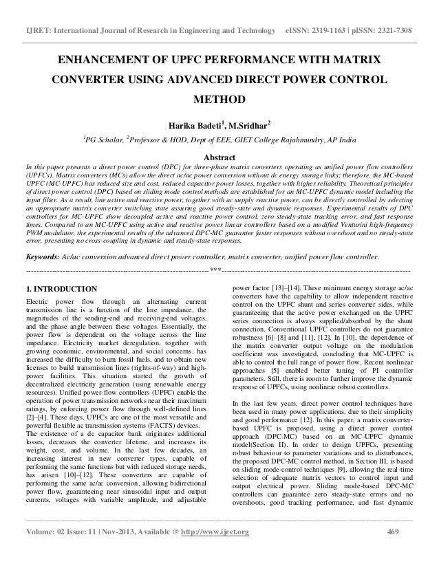 Enhancement Of Upfc Performance With Matrix Converter Using Advanced