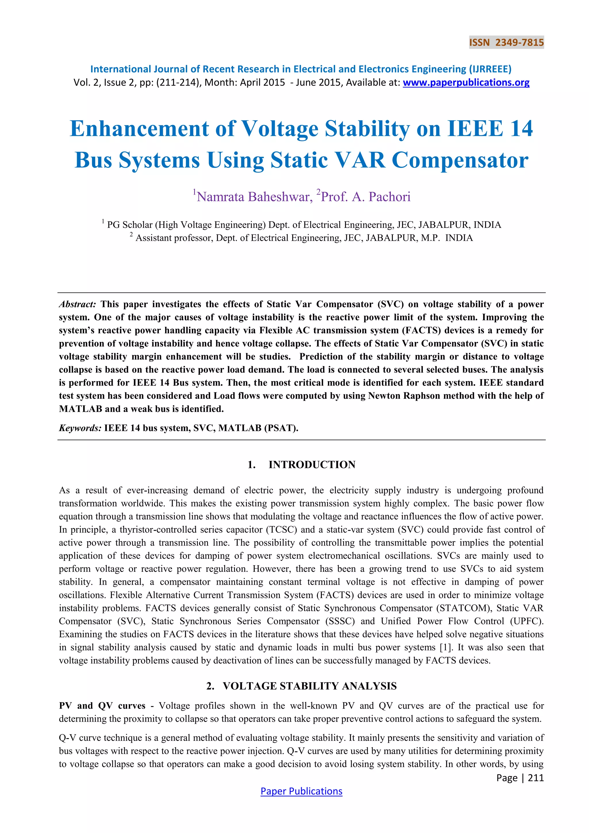 Enhancement of Voltage Stability on IEEE 14 Bus Systems Using Static Var Compensator | PDF