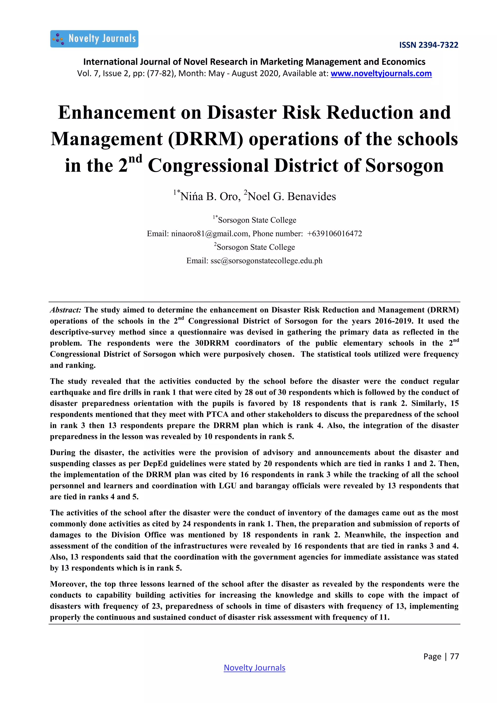 Enhancement on Disaster Risk Reduction and Management (DRRM) operations of the schools in the ...