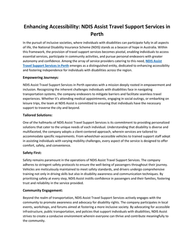 Enhancing Accessibility: NDIS Assist Travel Support Services in Perth | PDF