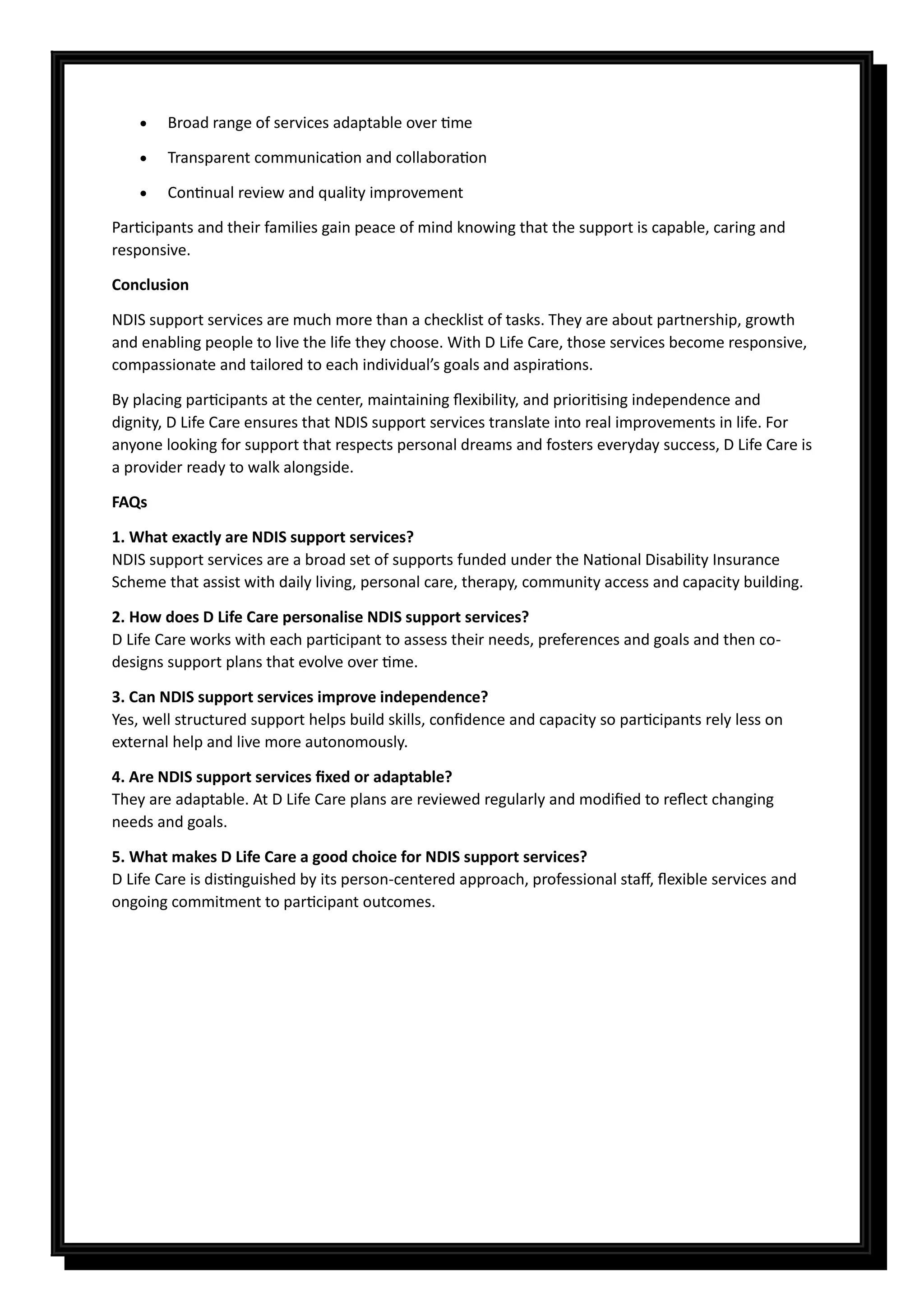 Enhancing Lives with NDIS Support Services at D Life Care | PDF