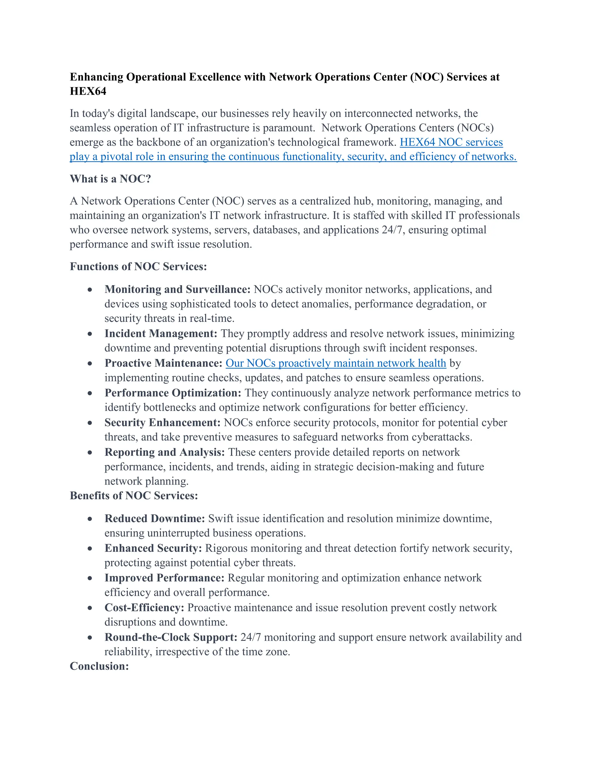 Enhancing Operational Excellence with Network Operations Center (NOC) Services at HEX64 | DOCX