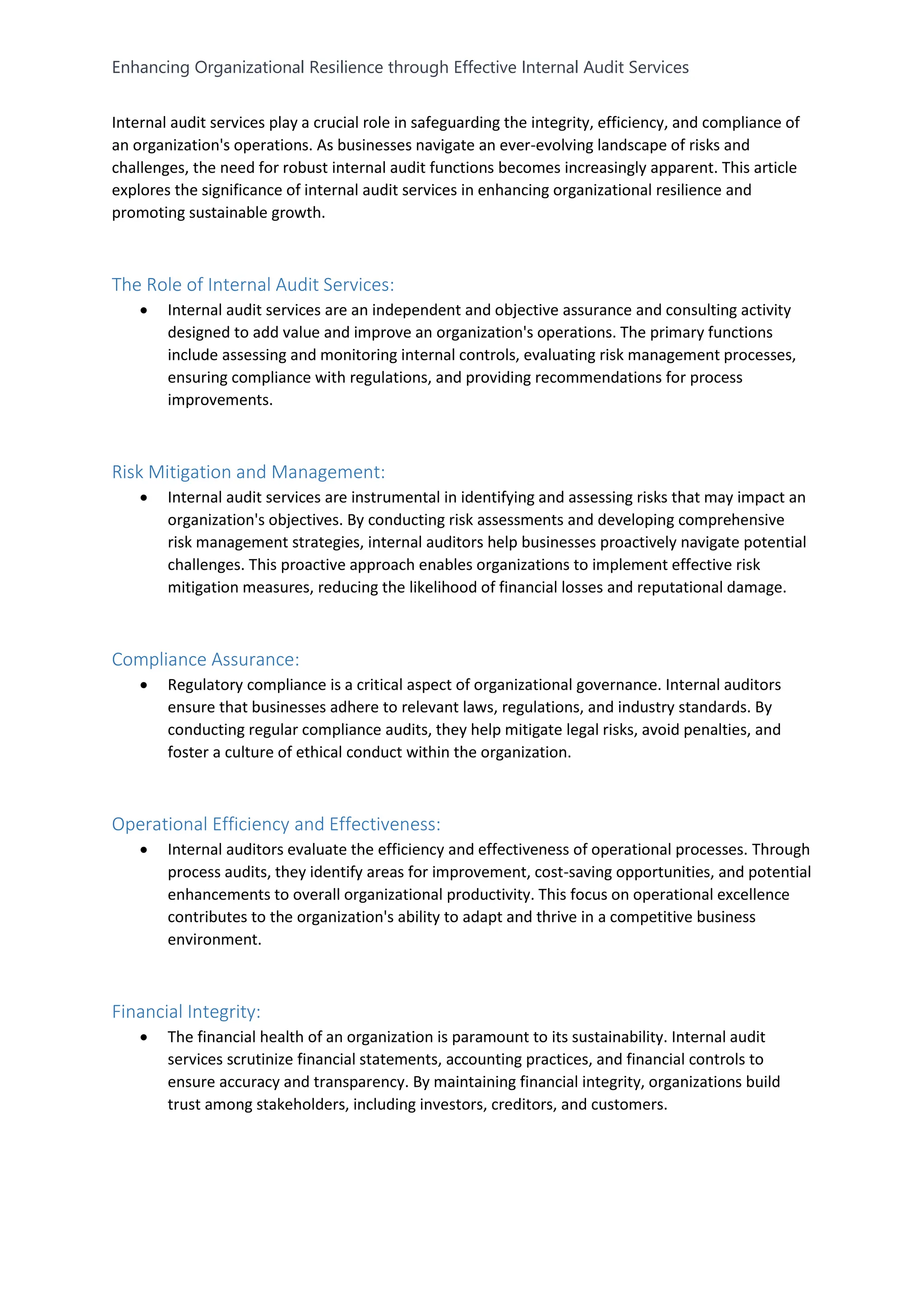 Enhancing Organizational Resilience through Effective Internal Audit Services | DOCX | Business ...