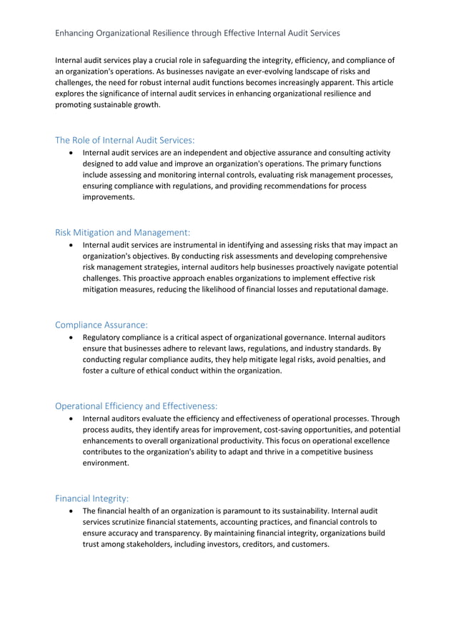 Enhancing Organizational Resilience through Effective Internal Audit Services | DOCX | Business ...