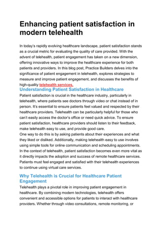 Enhancing Patient Satisfaction in Modern Telehealth – Practice Builders | PDF