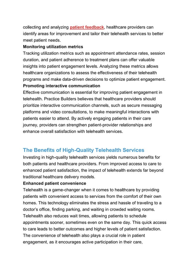Enhancing Patient Satisfaction in Modern Telehealth – Practice Builders | PDF