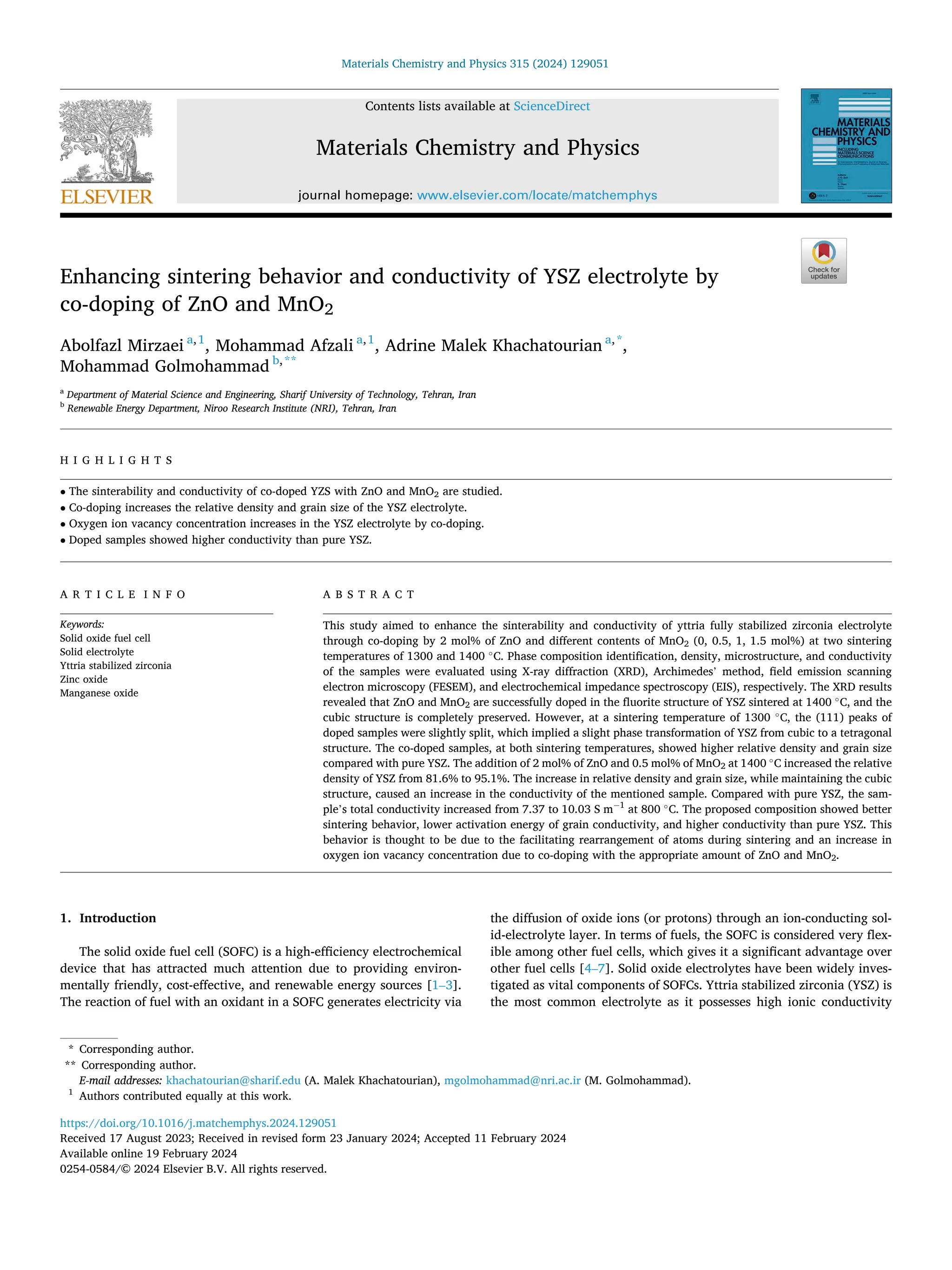 Enhancing sintering behavior and conductivity of YSZ electrolyte by co ...