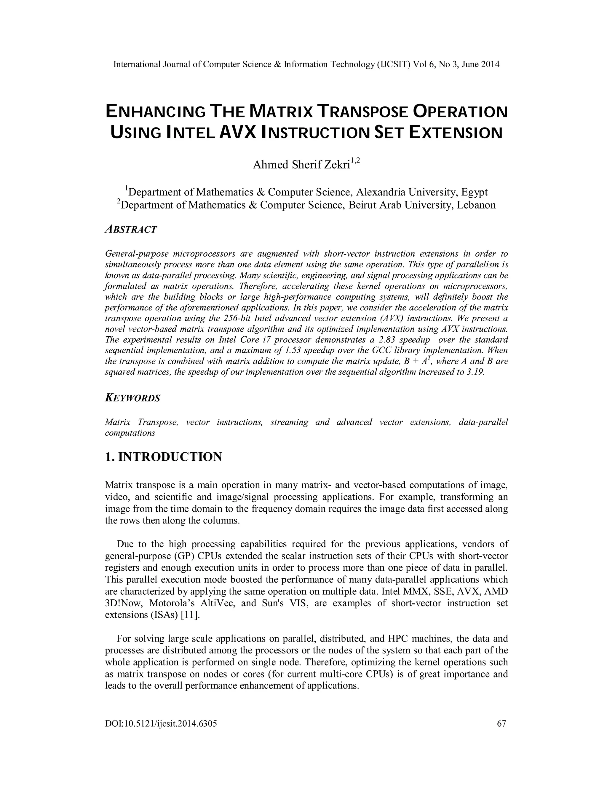 Enhancing the matrix transpose operation using intel avx instruction set extension | PDF