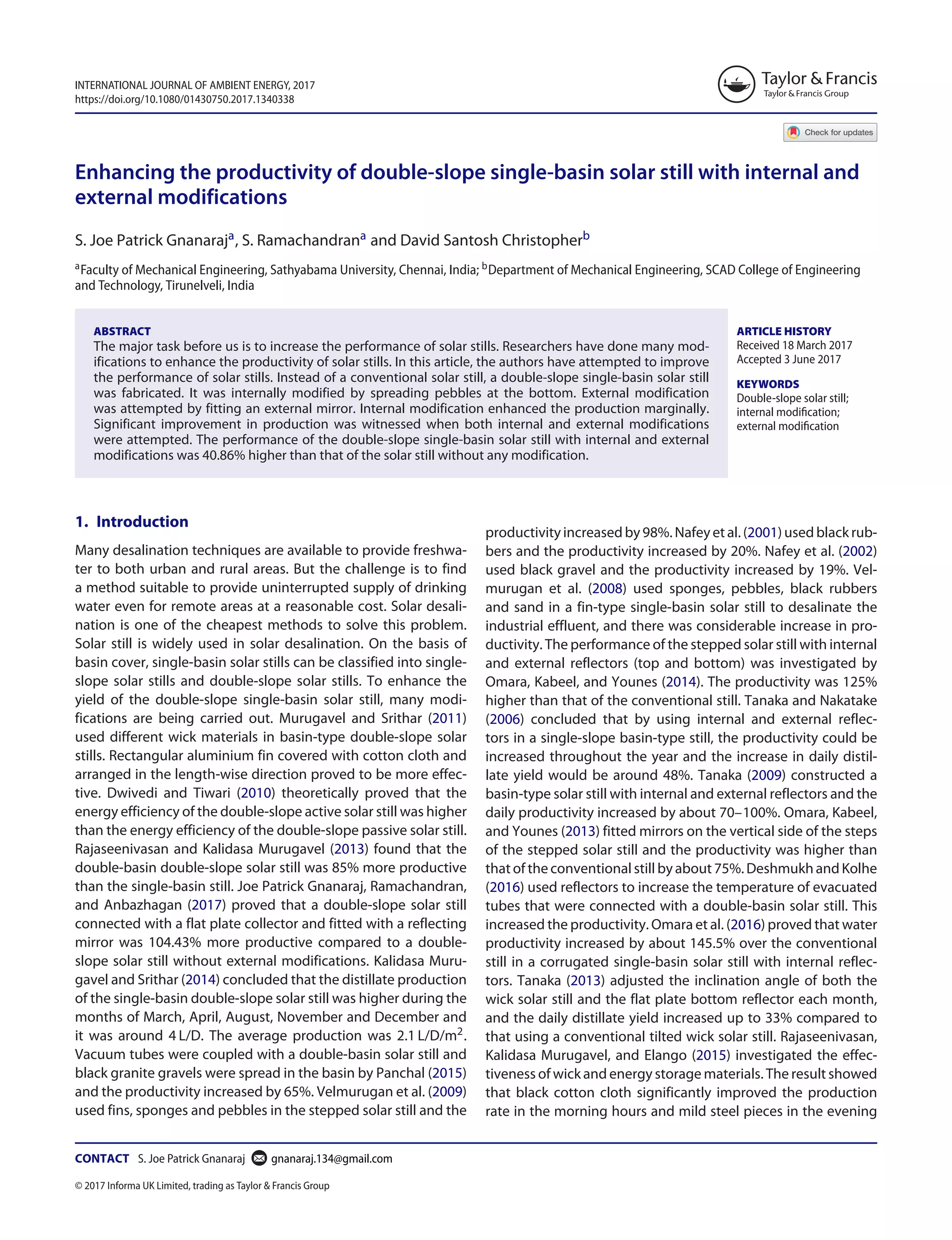 Enhancing the productivity of double slope single basin solar still ...