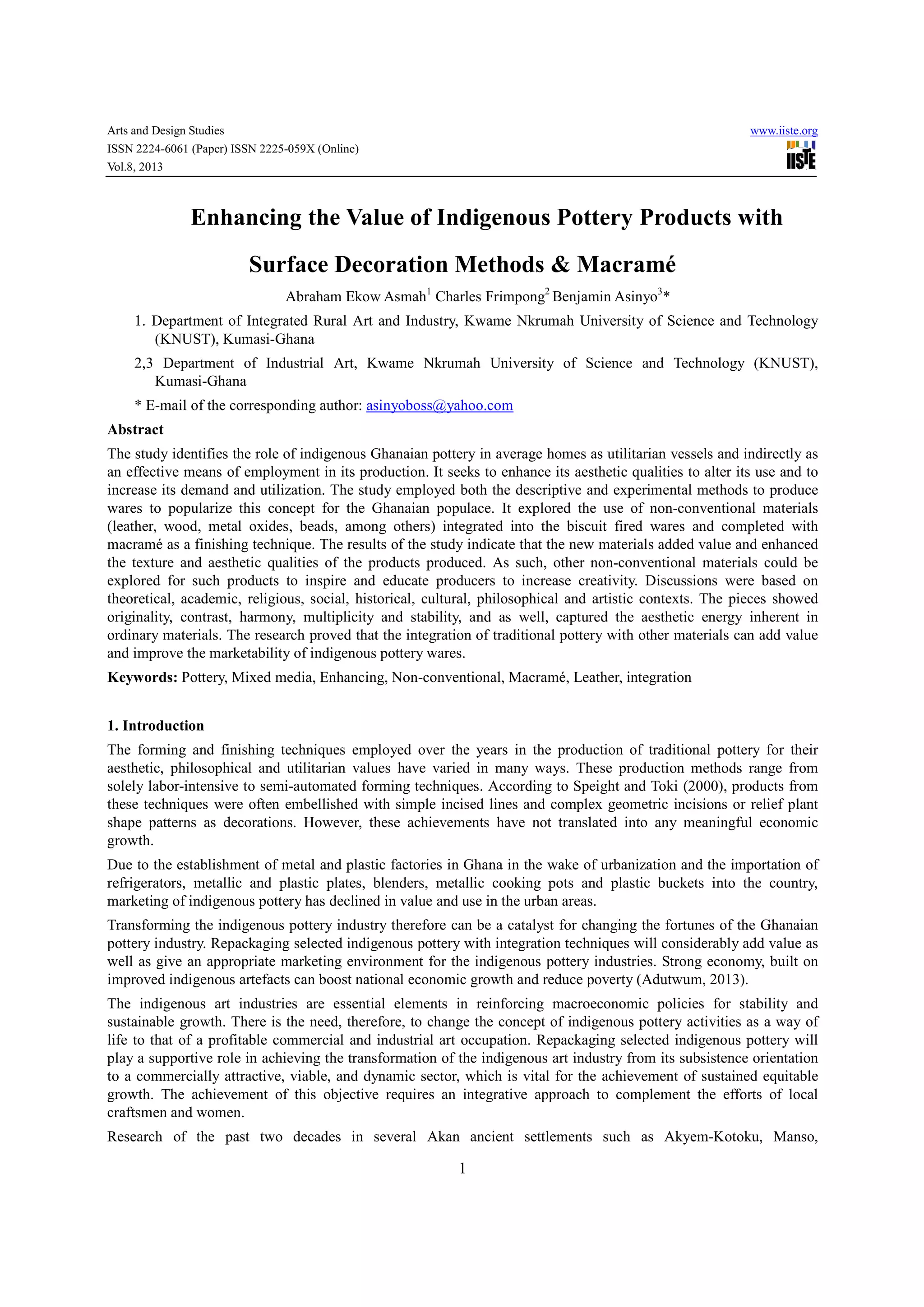 Enhancing the value of indigenous pottery products with surface ...