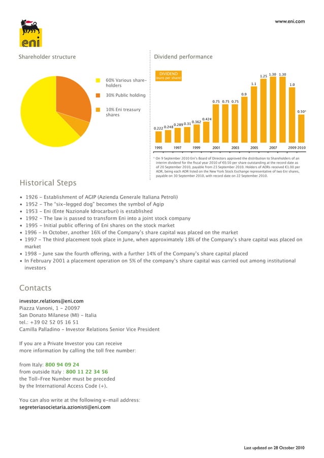 Eni Fact Sheet, Oct 2010 | PDF | Power and Energy Industry | Industries