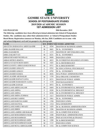 GSU Postgraduate Admission List For 2019/2020 Session | PDF