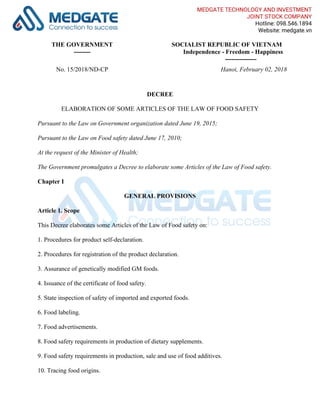 Decree 15/2018/ND-CP: ELABORATION OF SOME ARTICLES OF THE LAW OF FOOD ...