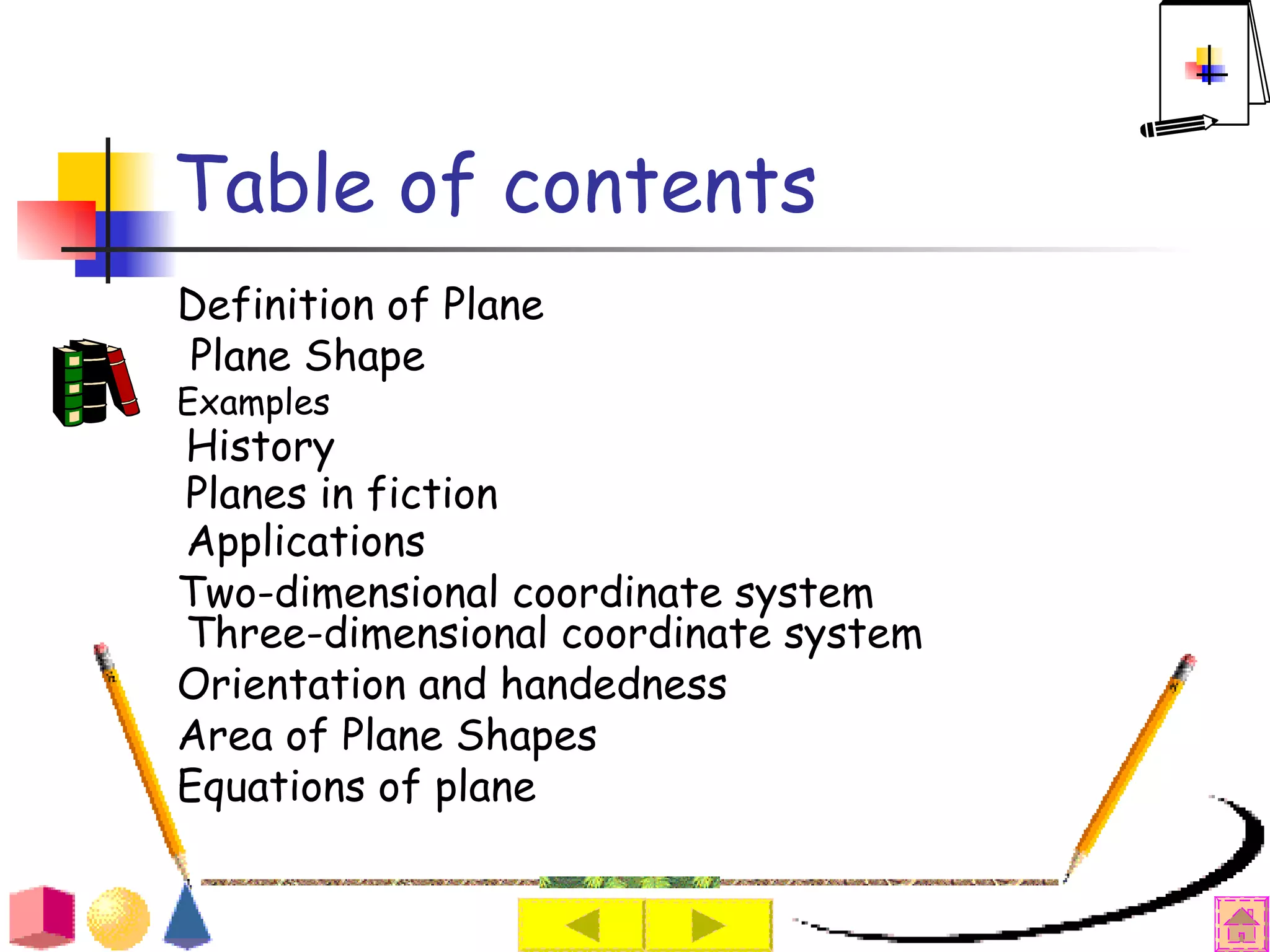 History,applications,algebra and mathematical form of plane in ...