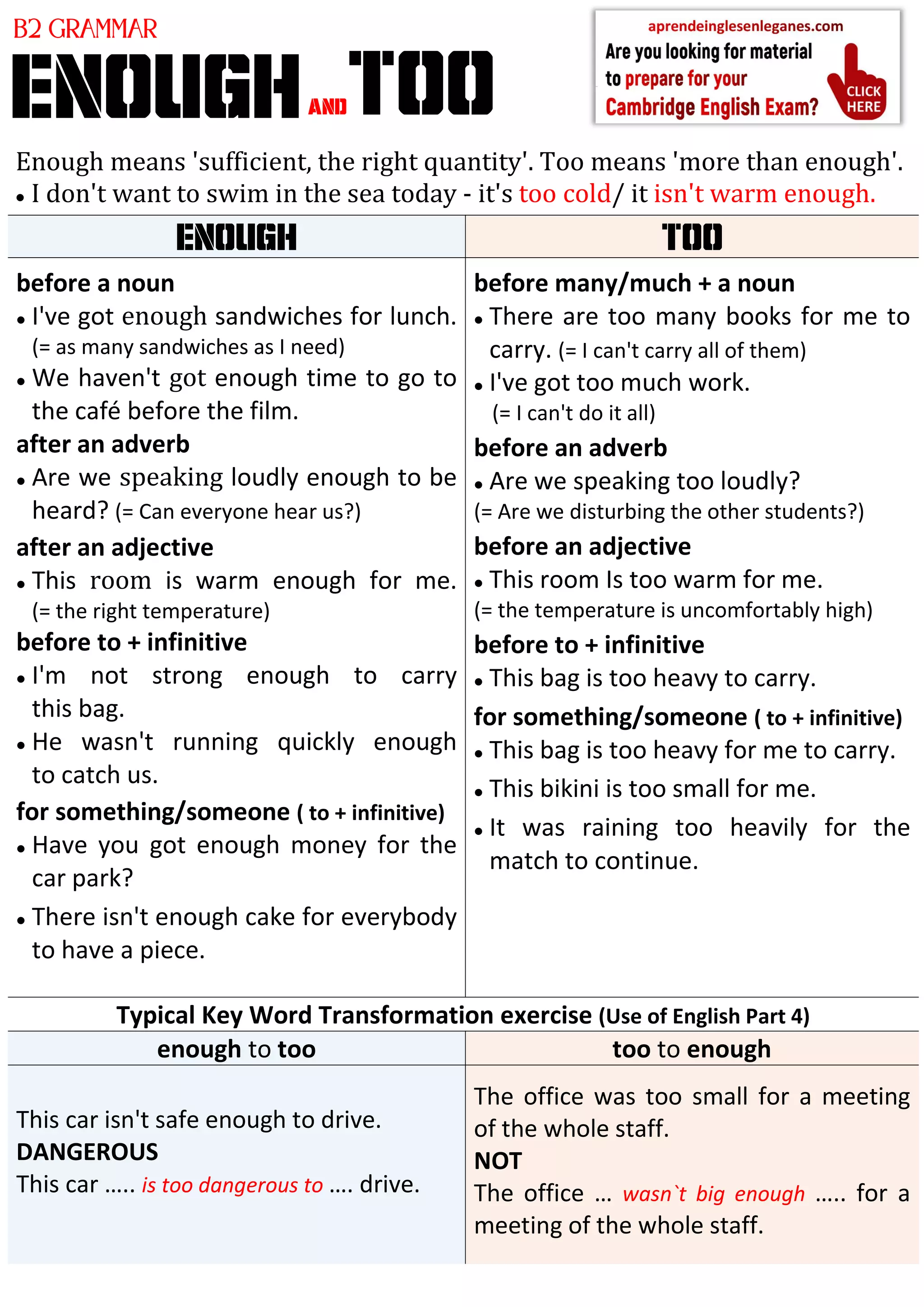Enough and Too (B2 Grammar) | PDF